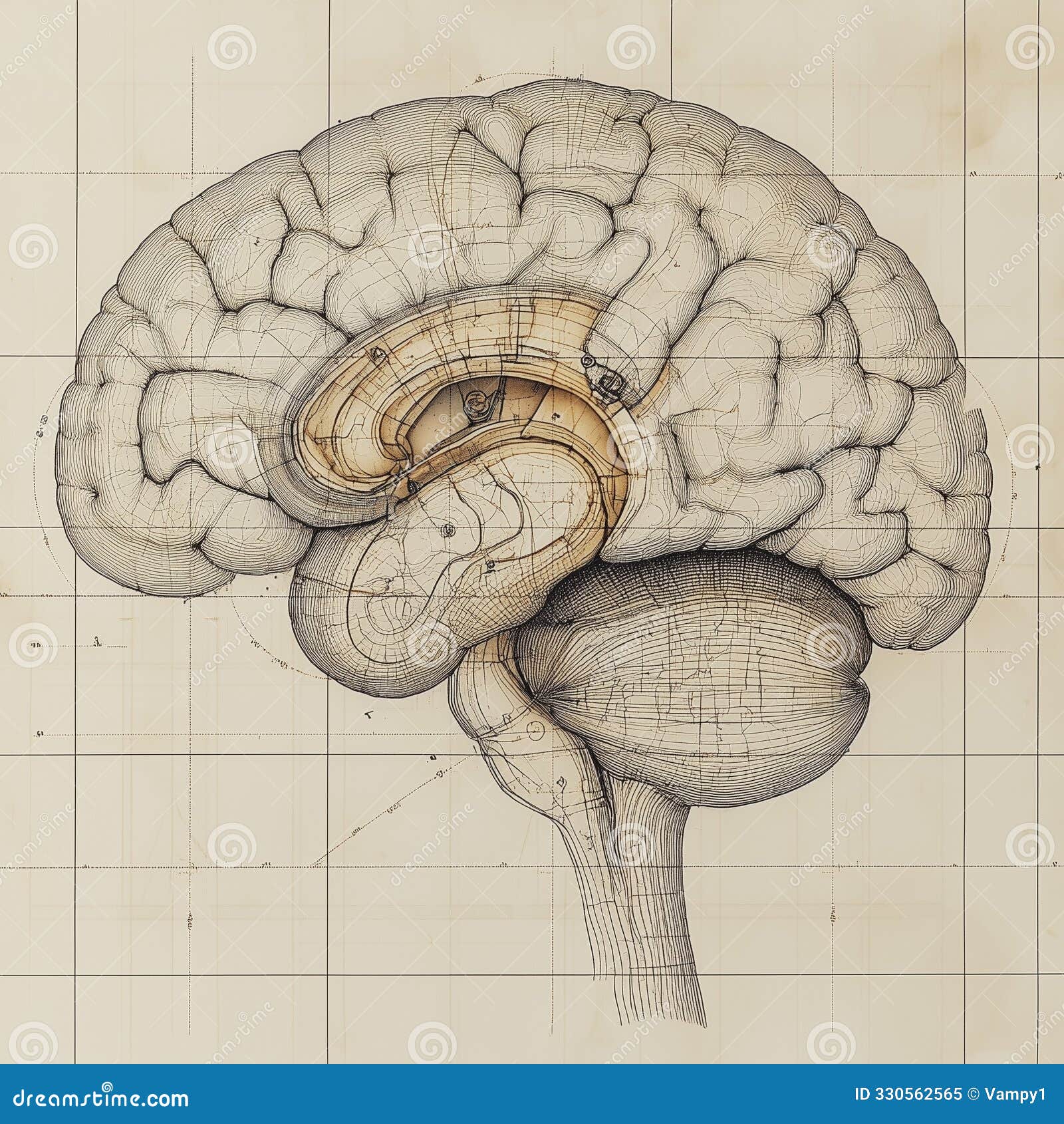 Study of the Brain Seen from the Side. Drawing on a Sheet of Paper ...