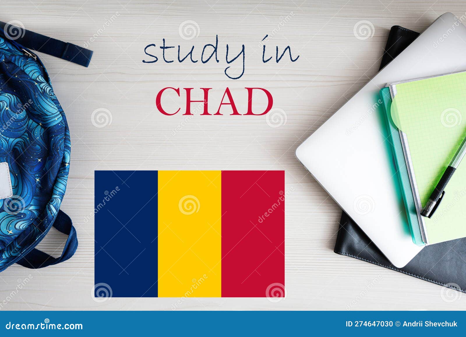 Study in Chad. Background with Notepad, Laptop and Backpack Stock Photo ...