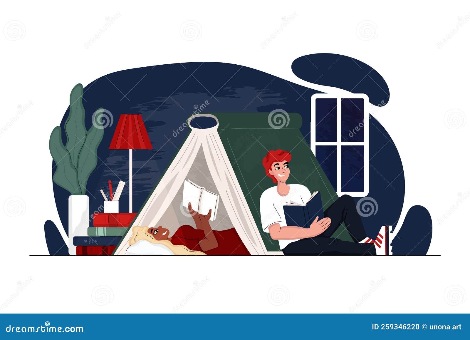 Study Concept. Boy and Girl Study at Night Stock Vector - Illustration ...