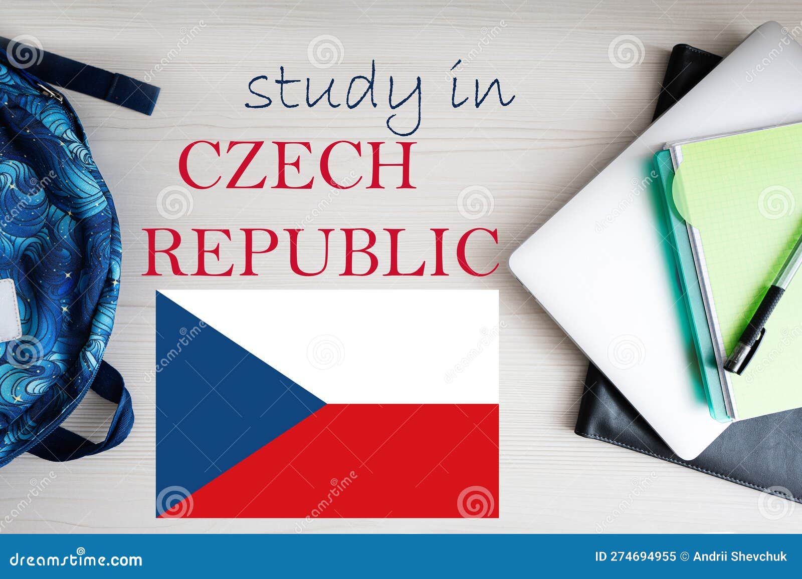 Study in Czech Republic. Background with Notepad, Laptop and Backpack ...