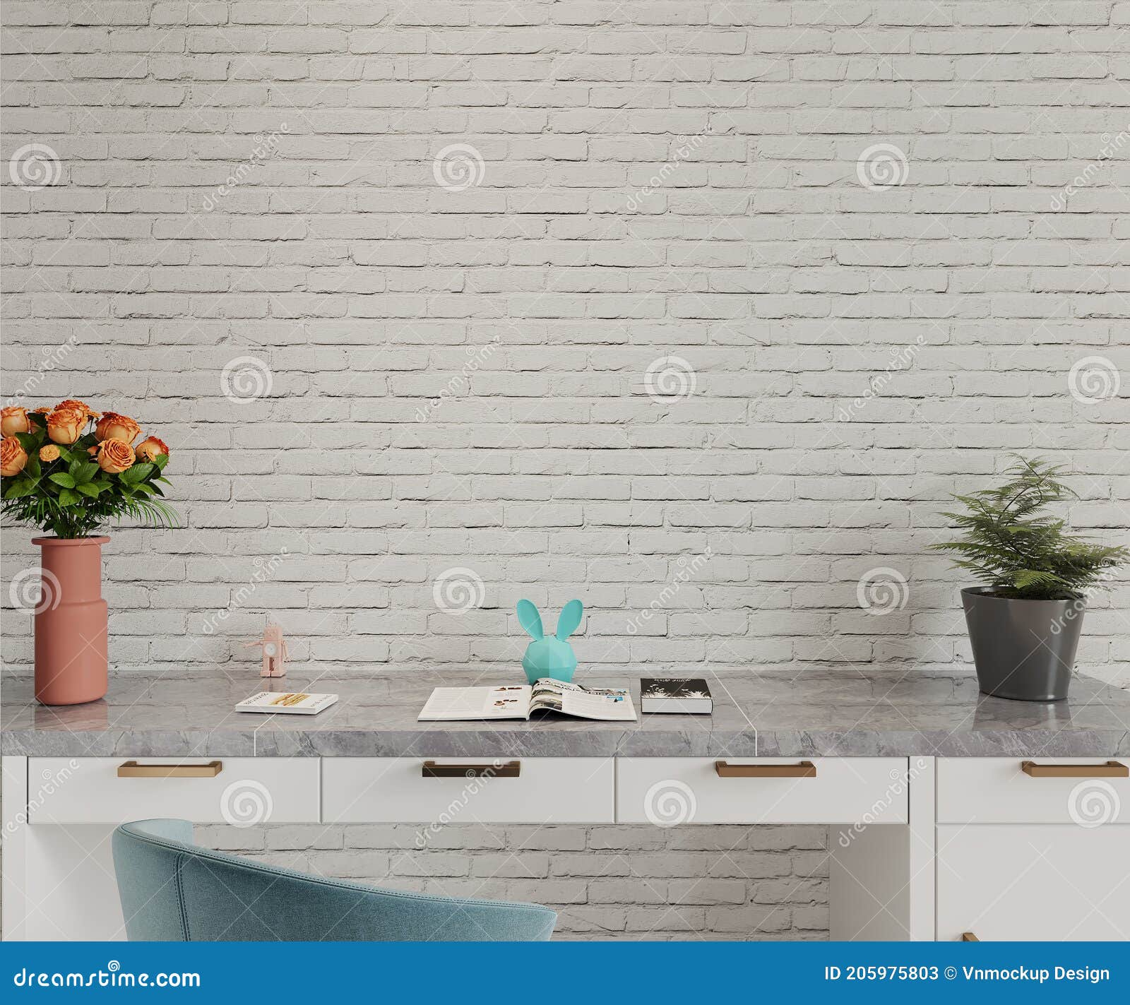 Study Desk in a Room Front of the Brick Wall Empty Wall Mockup Stock ...
