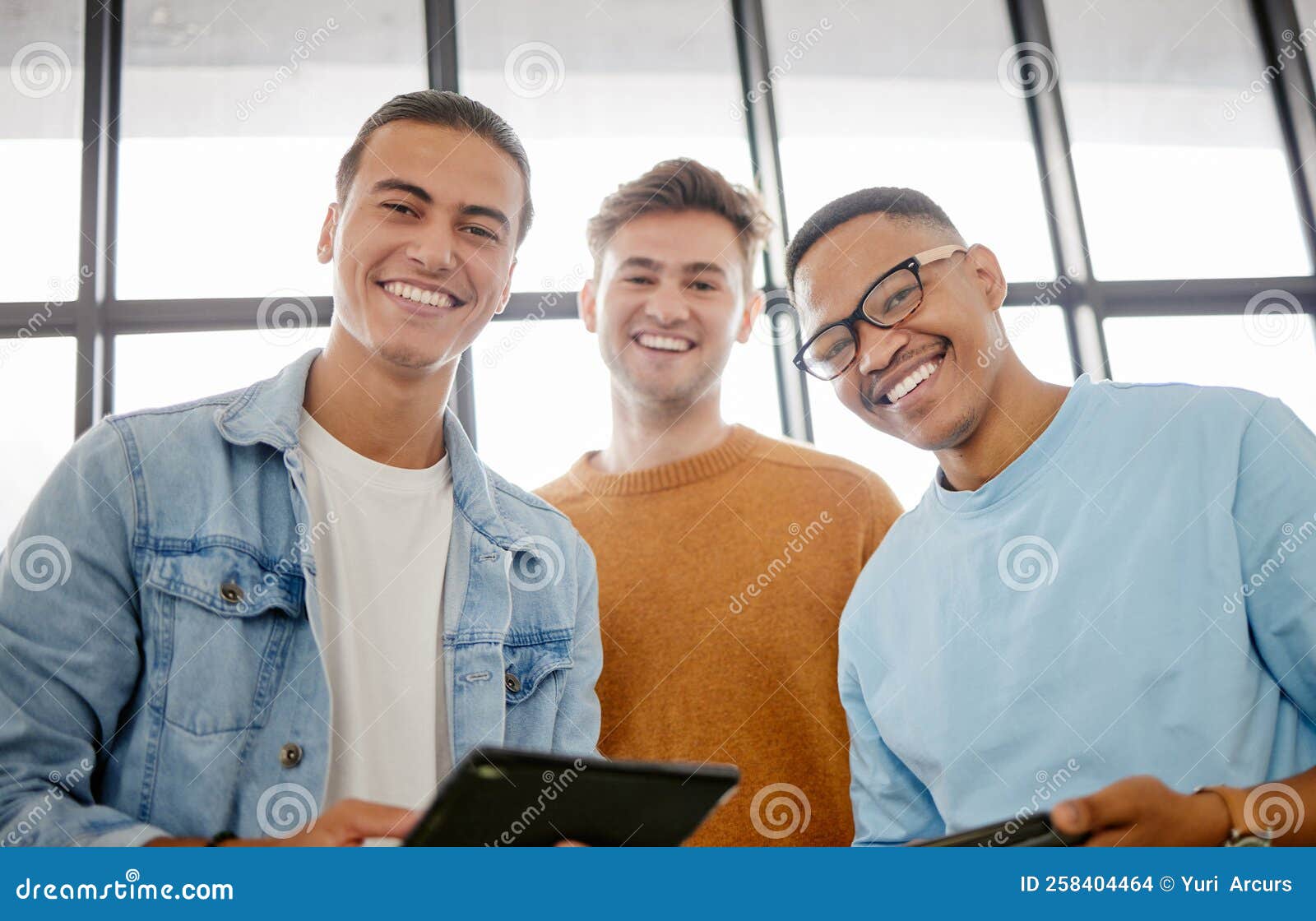 Study, Digital Tablet and Students or Friends Portrait Happy with ...