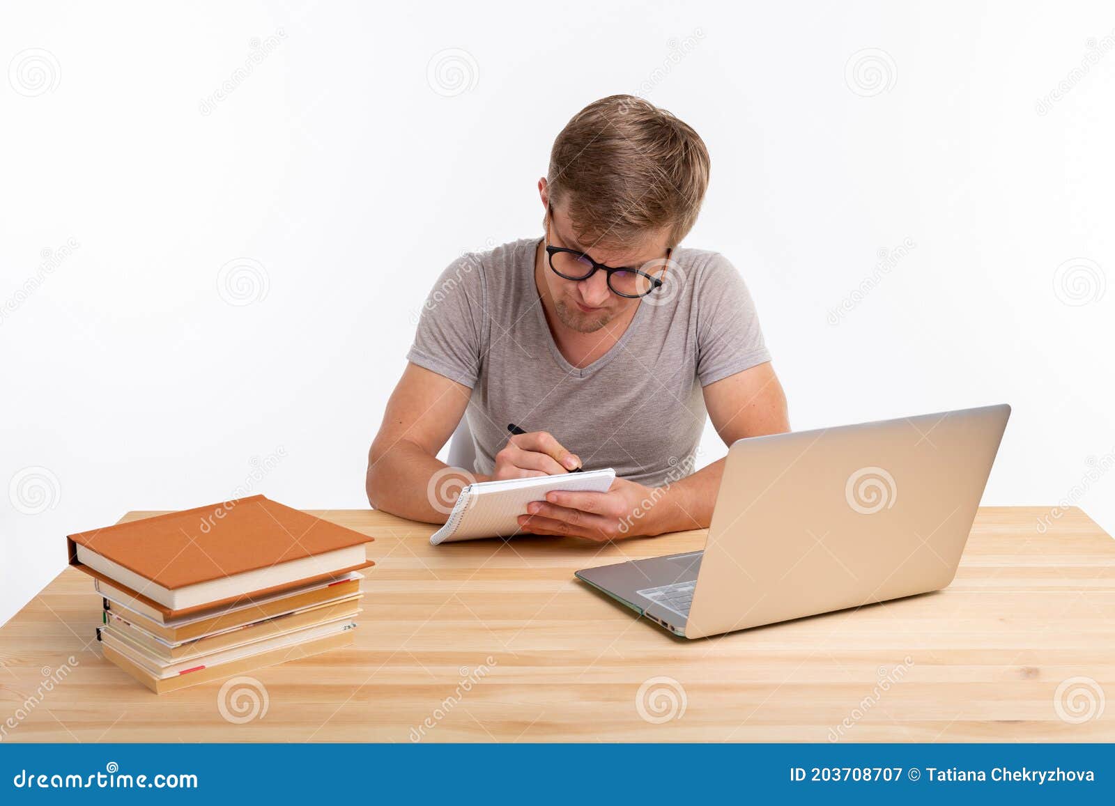 Study, Education and People Concept - Man Nerd Doing Exercises Near the ...