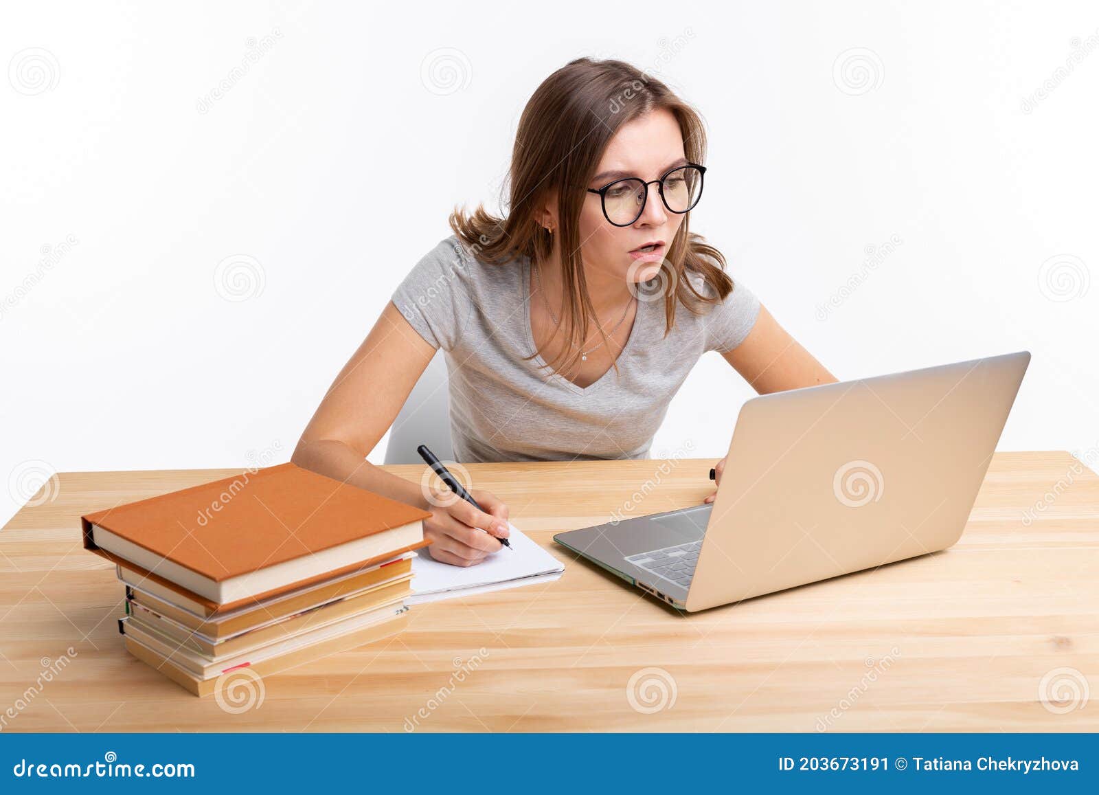 Study, Education and People Concept - Young Woman Nerd is Learning ...