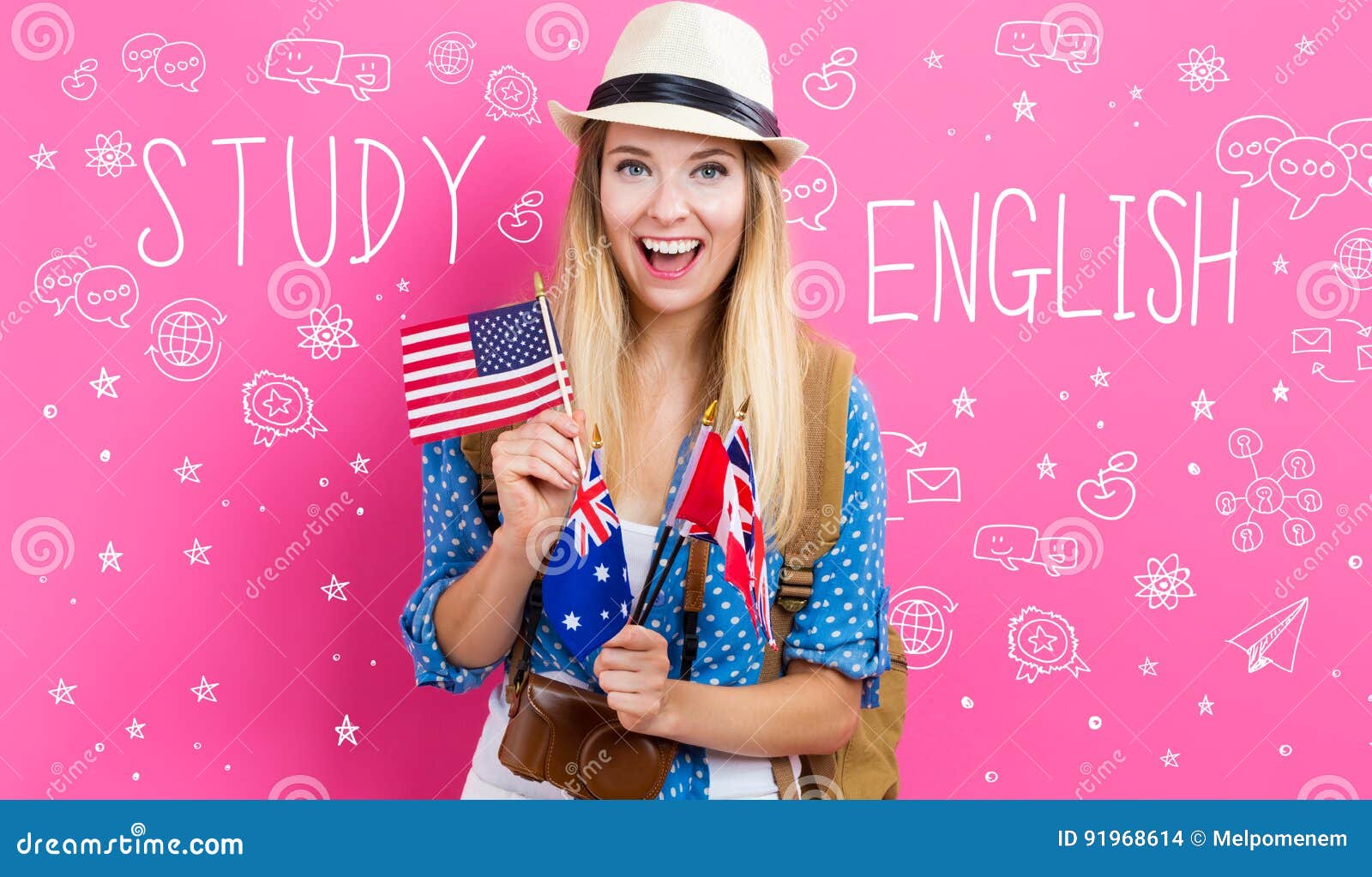 Study English Text with Young Woman with Flags Stock Photo - Image of ...