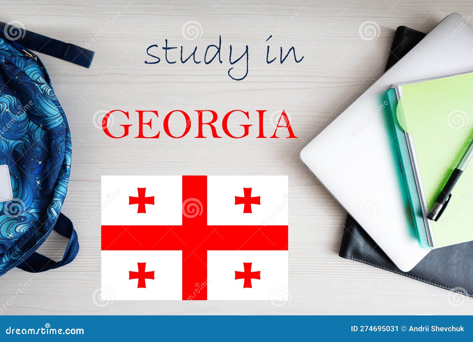 Study in Georgia. Background with Notepad, Laptop and Backpack Stock ...