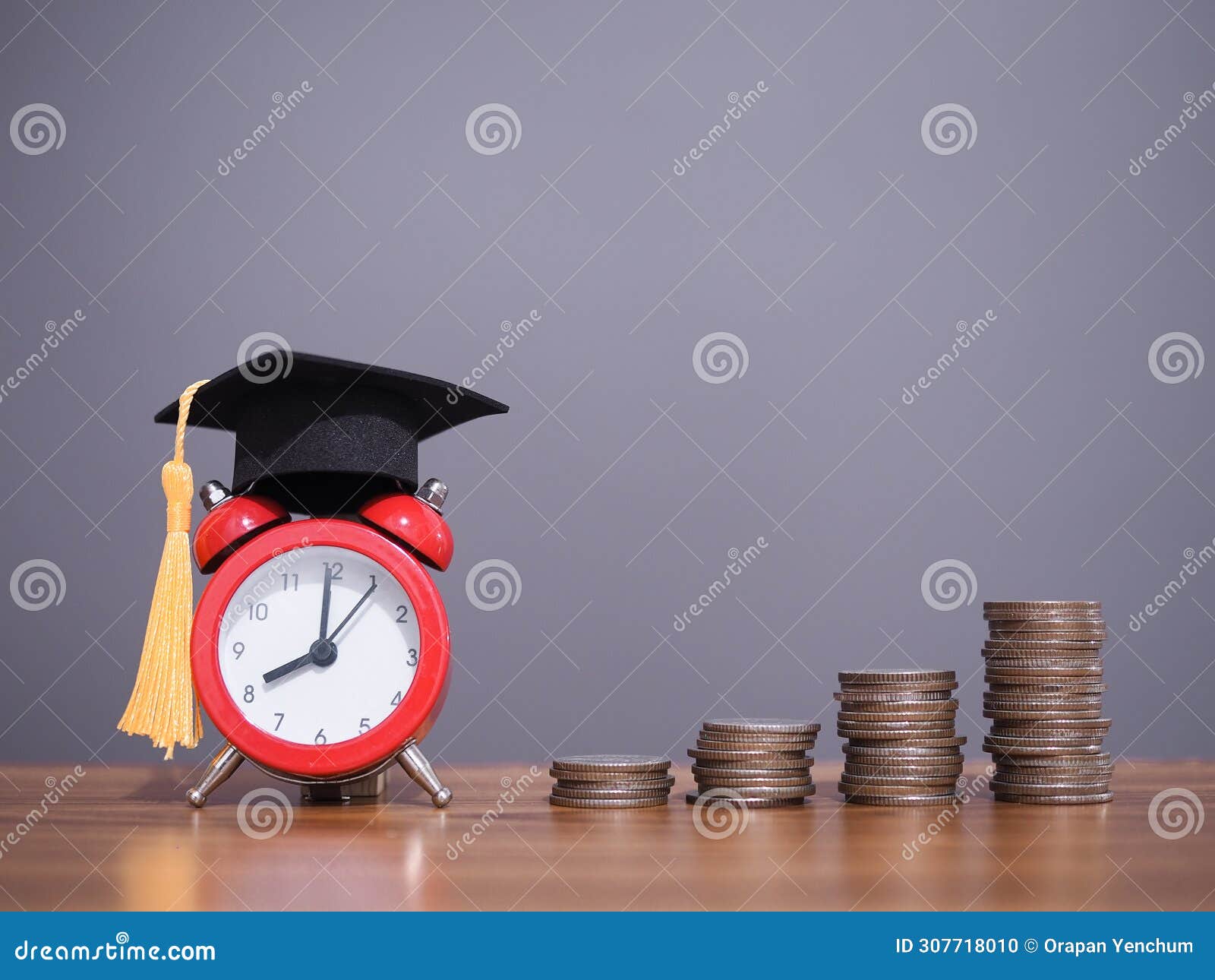 Study Goals, Red Alarm with Graduation Hat and Stack of Coins. the ...