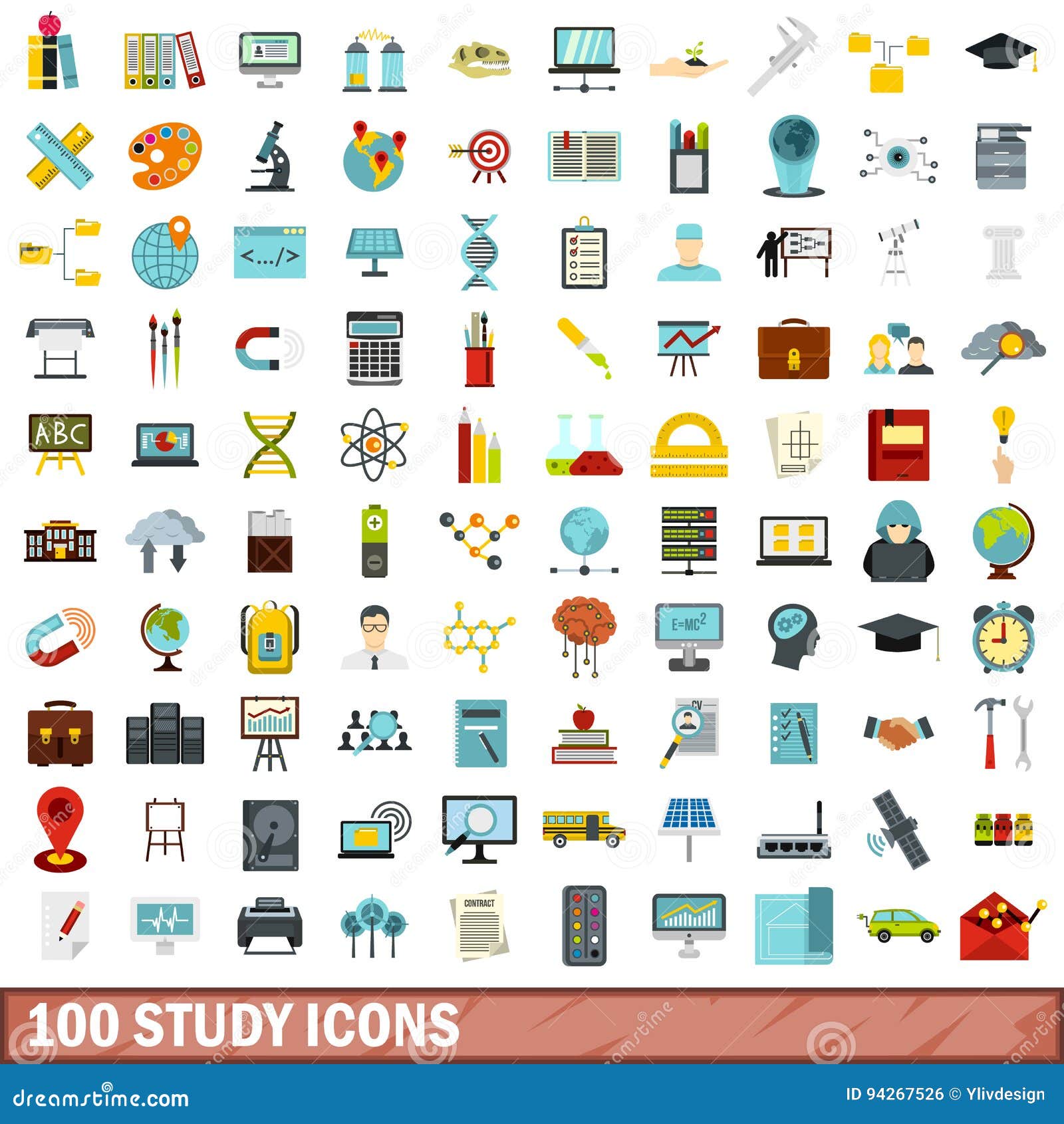 100 Study Icons Set, Flat Style Stock Vector - Illustration of books ...