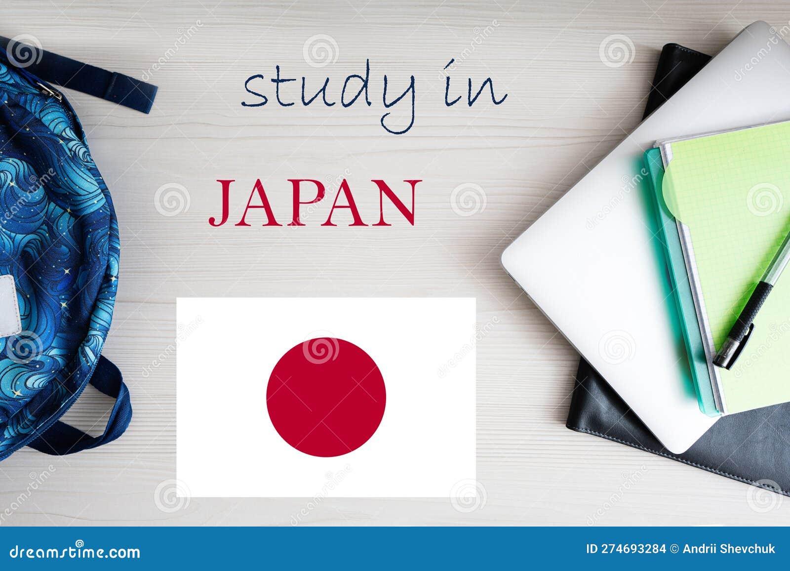 Study in Japan. Background with Notepad, Laptop and Backpack Stock ...