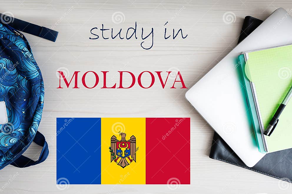 Study in Moldova. Background with Notepad, Laptop and Backpack Stock ...