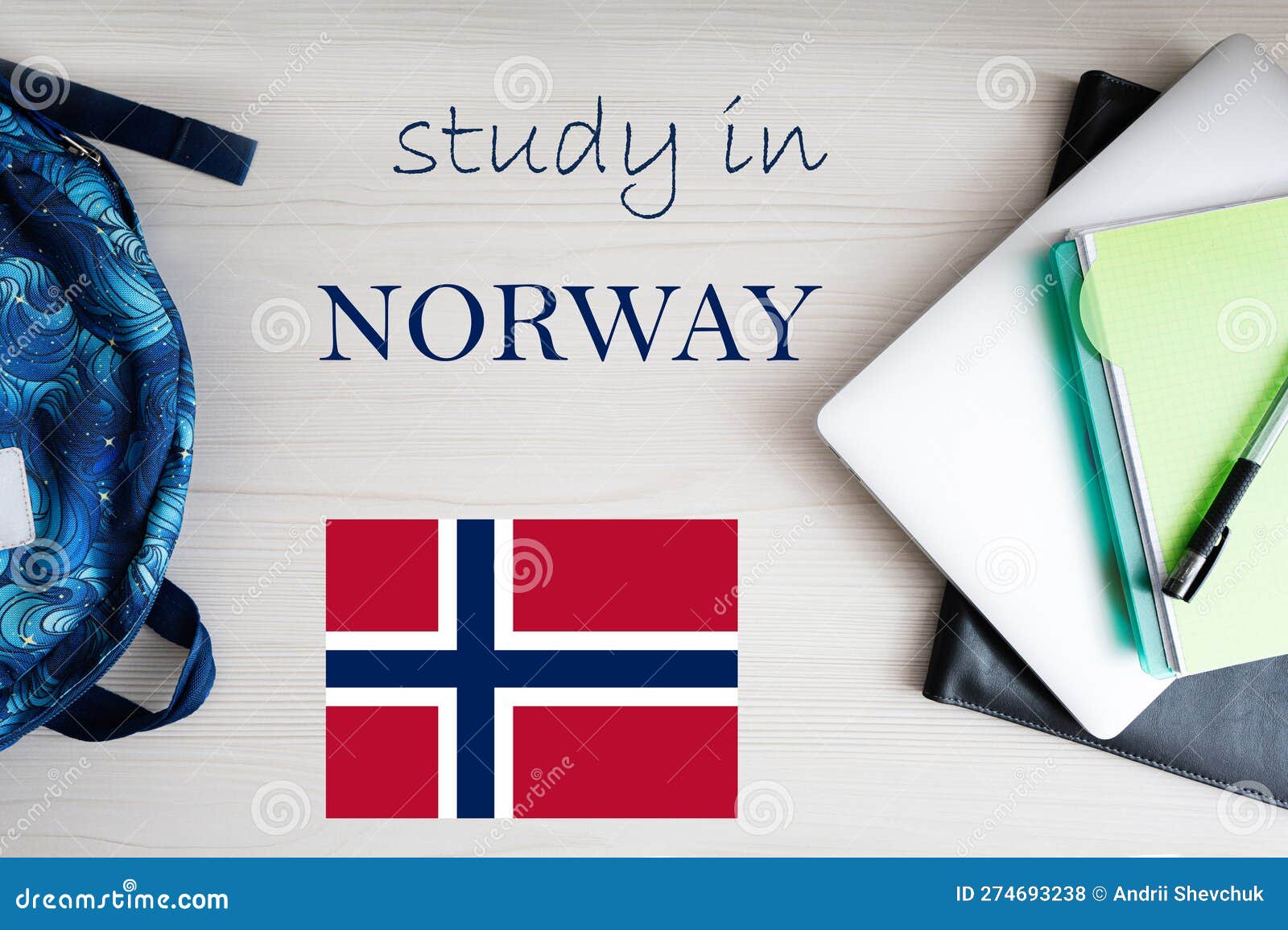 Study in Norway. Background with Notepad, Laptop and Backpack Stock ...