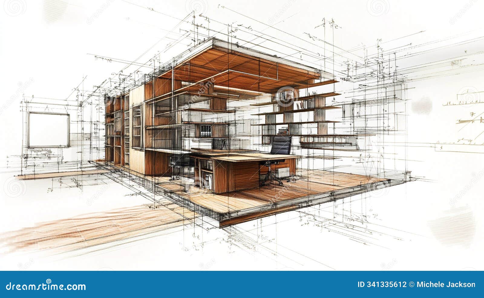 Study Office Plan Sketch 3D Drawing Stock Illustration - Illustration ...