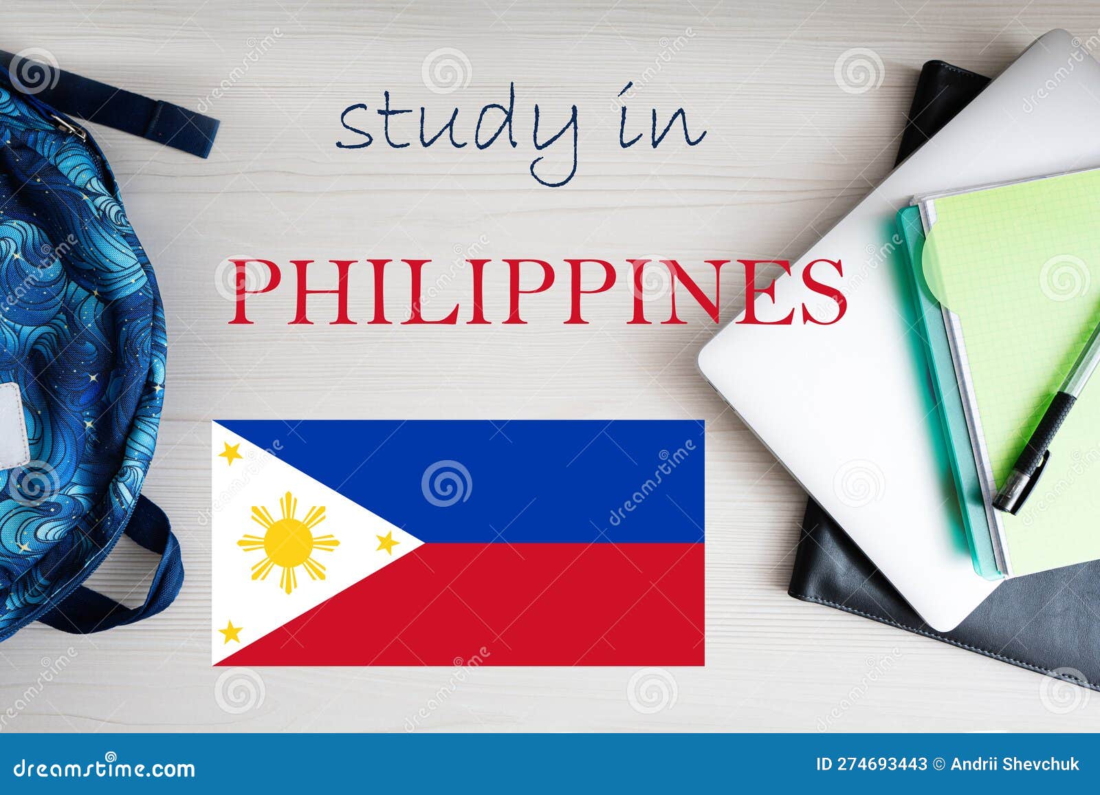 Study in Philippines. Background with Notepad, Laptop and Backpack ...