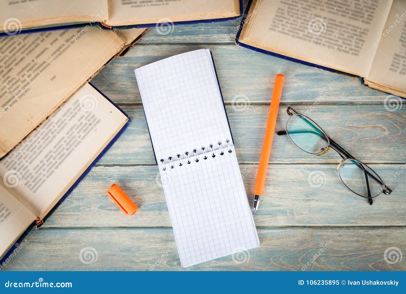 Study and Research Concept. Empty Notebook Page on Wooden Table. Stock ...