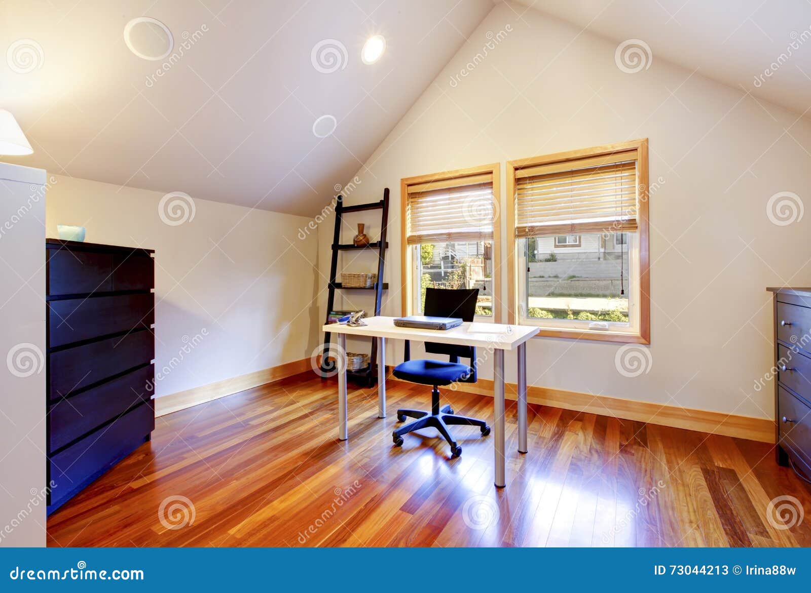 Study Room with Hardwood Floor, Dark Blue Cabinets and Vaulted C Stock ...