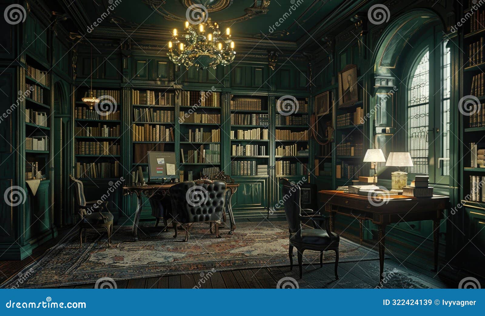 Study Room in a Historic Library with Dark Green Walls Stock Image ...