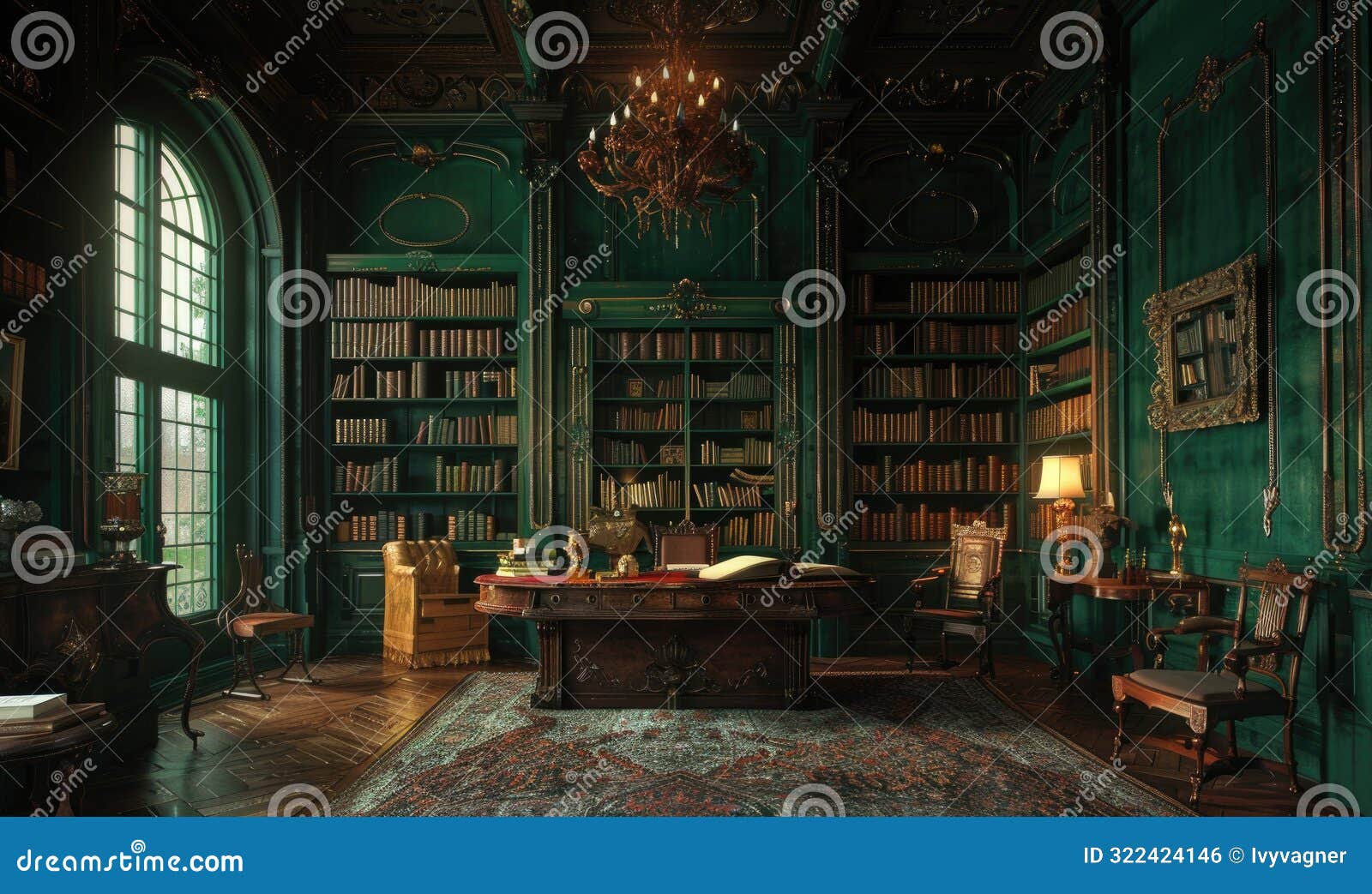 Study Room in a Historic Library with Dark Green Walls Stock Photo ...