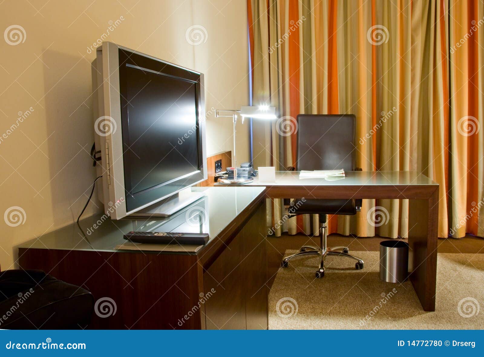 Study Room with Writing Desk and Tv Set Stock Photo - Image of brown ...
