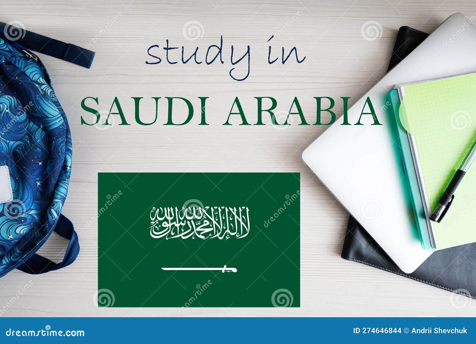 Study in Saudi Arabia. Background with Notepad, Laptop and Backpack ...