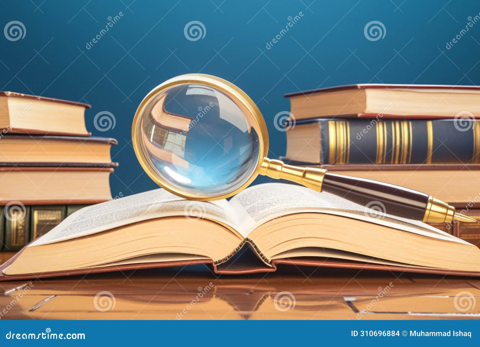 Study Scene Open Book and Magnifying Glass in a Library Stock ...