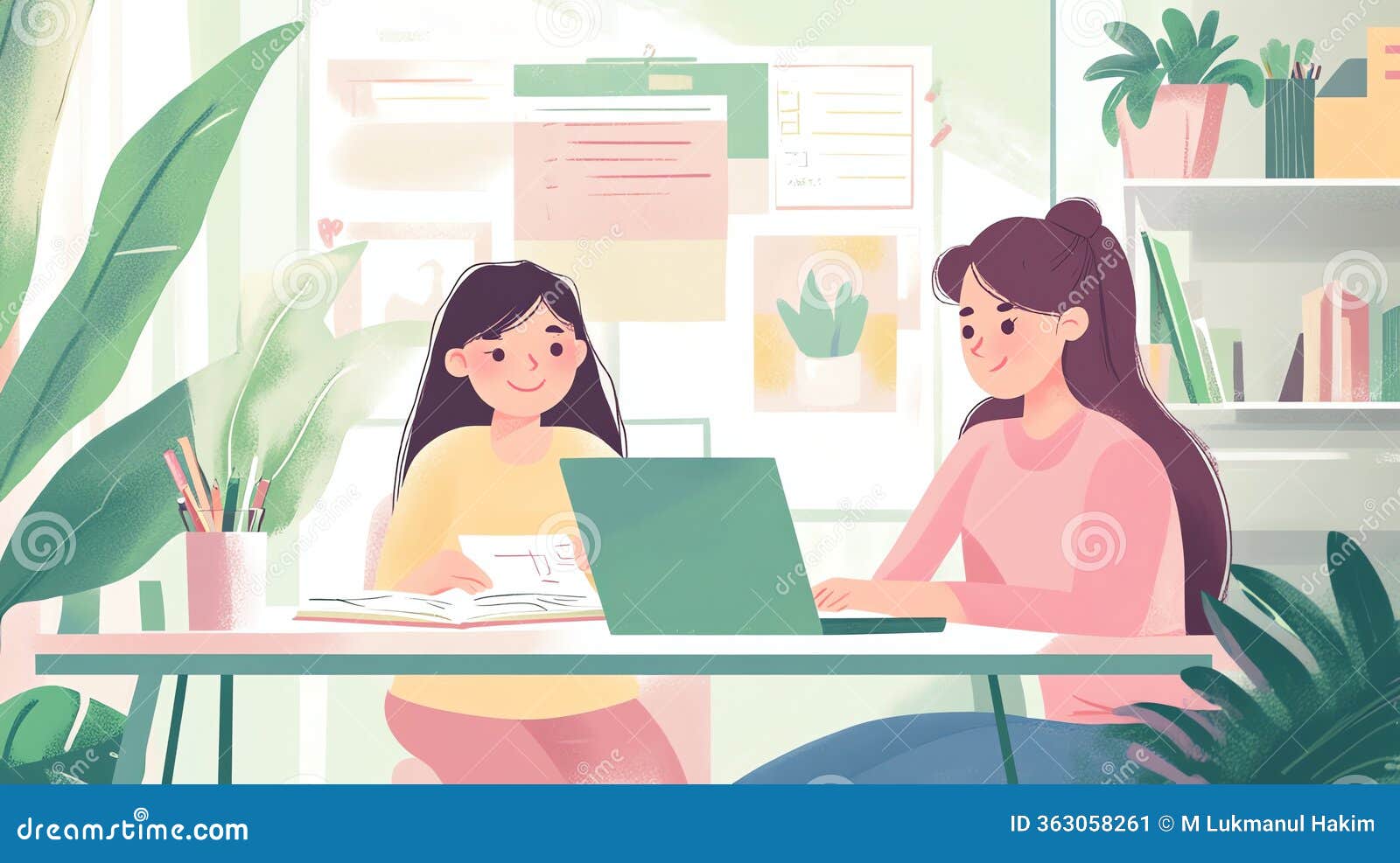Study Session Illustration: Girls Learning Together Stock Image - Image ...