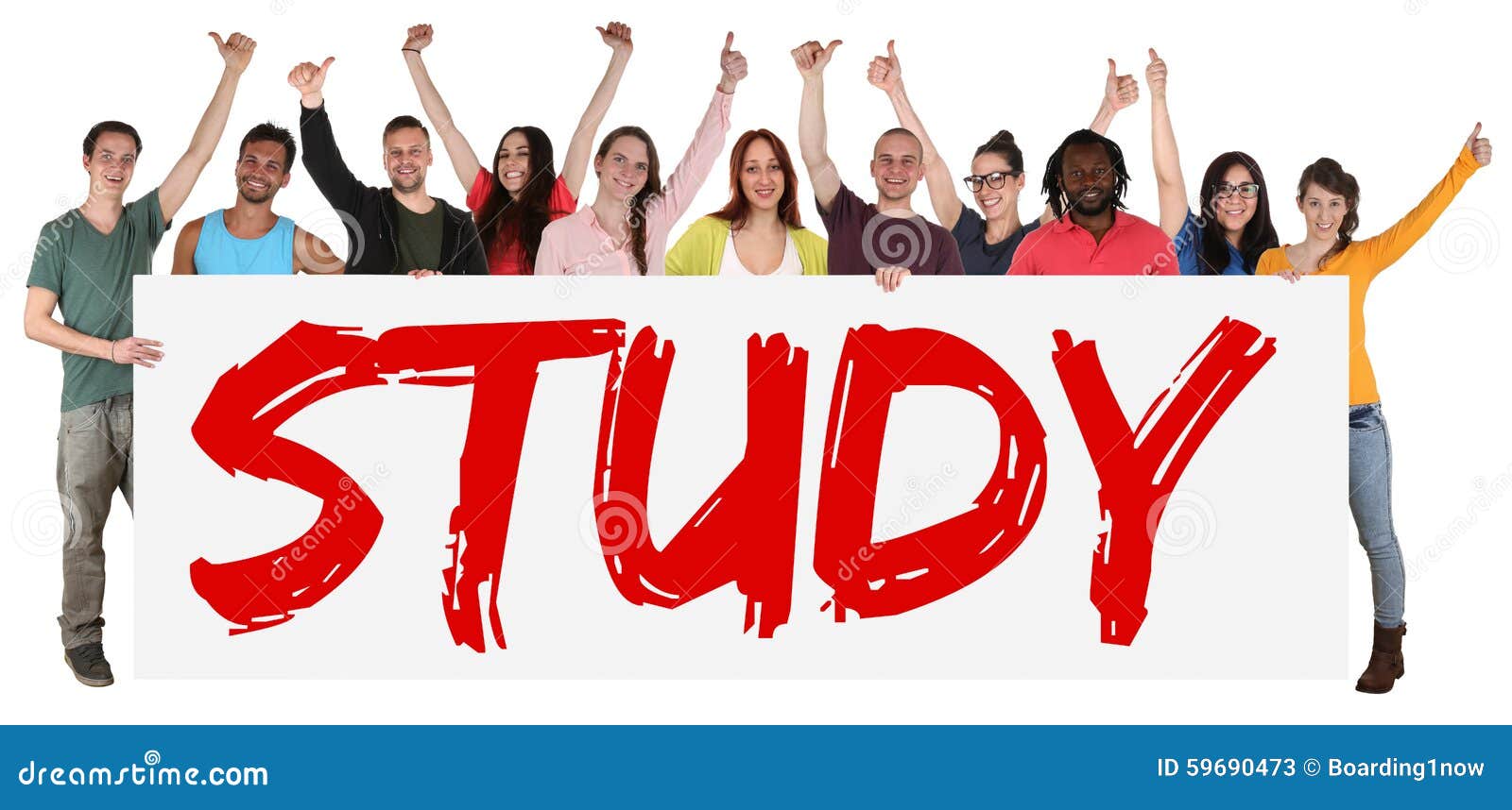 Study Sign Group of Young Students Multi Ethnic People Holding B Stock ...