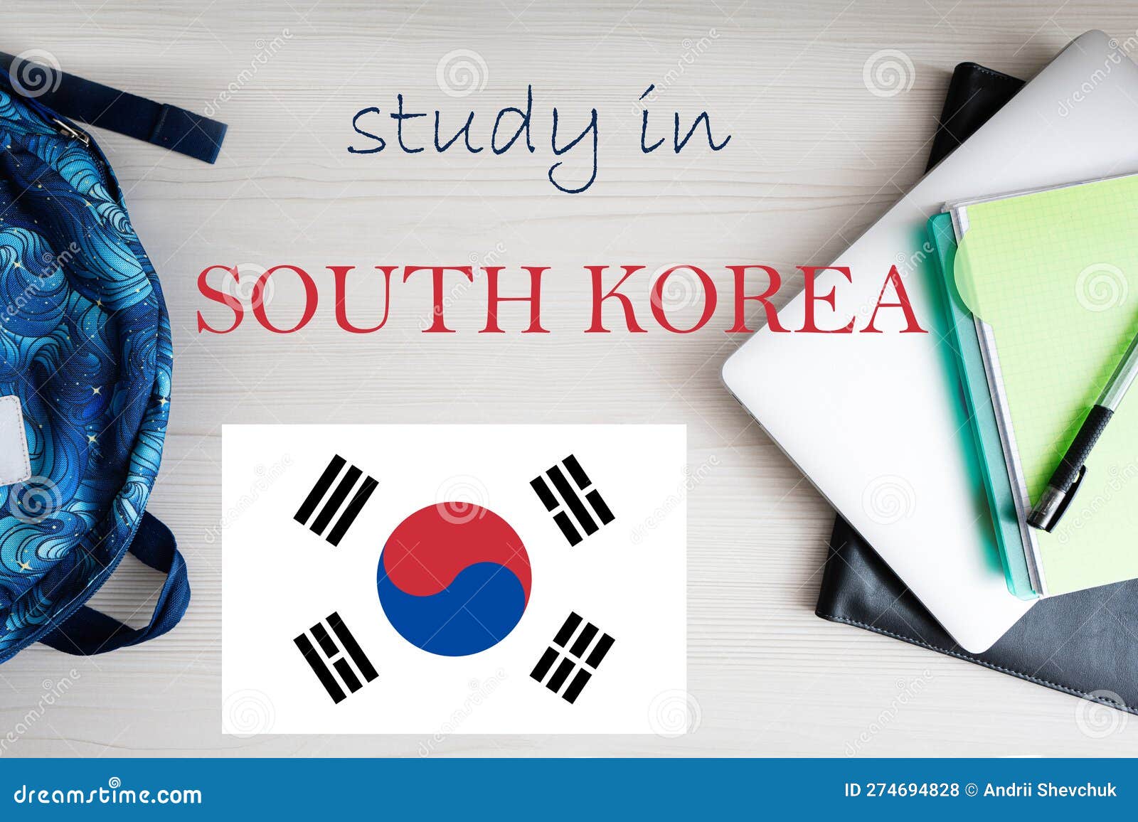 Study in South Korea. Background with Notepad, Laptop and Backpack Stock Photo - Image of flag ...