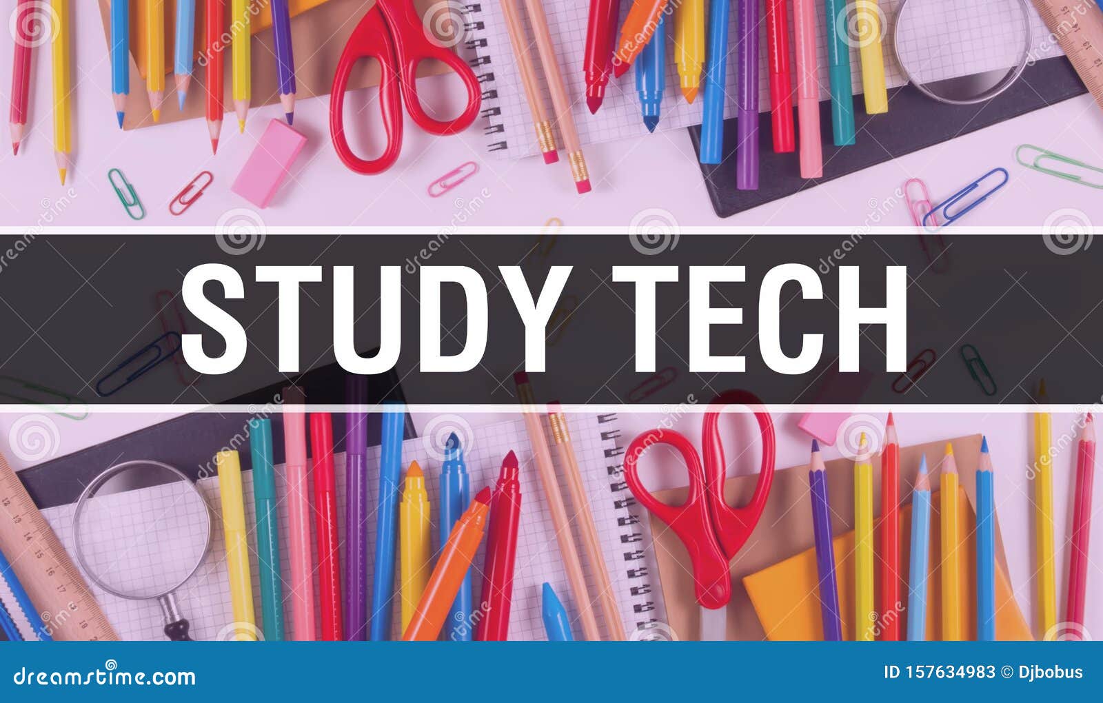 Study Tech with School Supplies on Blackboard Background. Study Tech ...