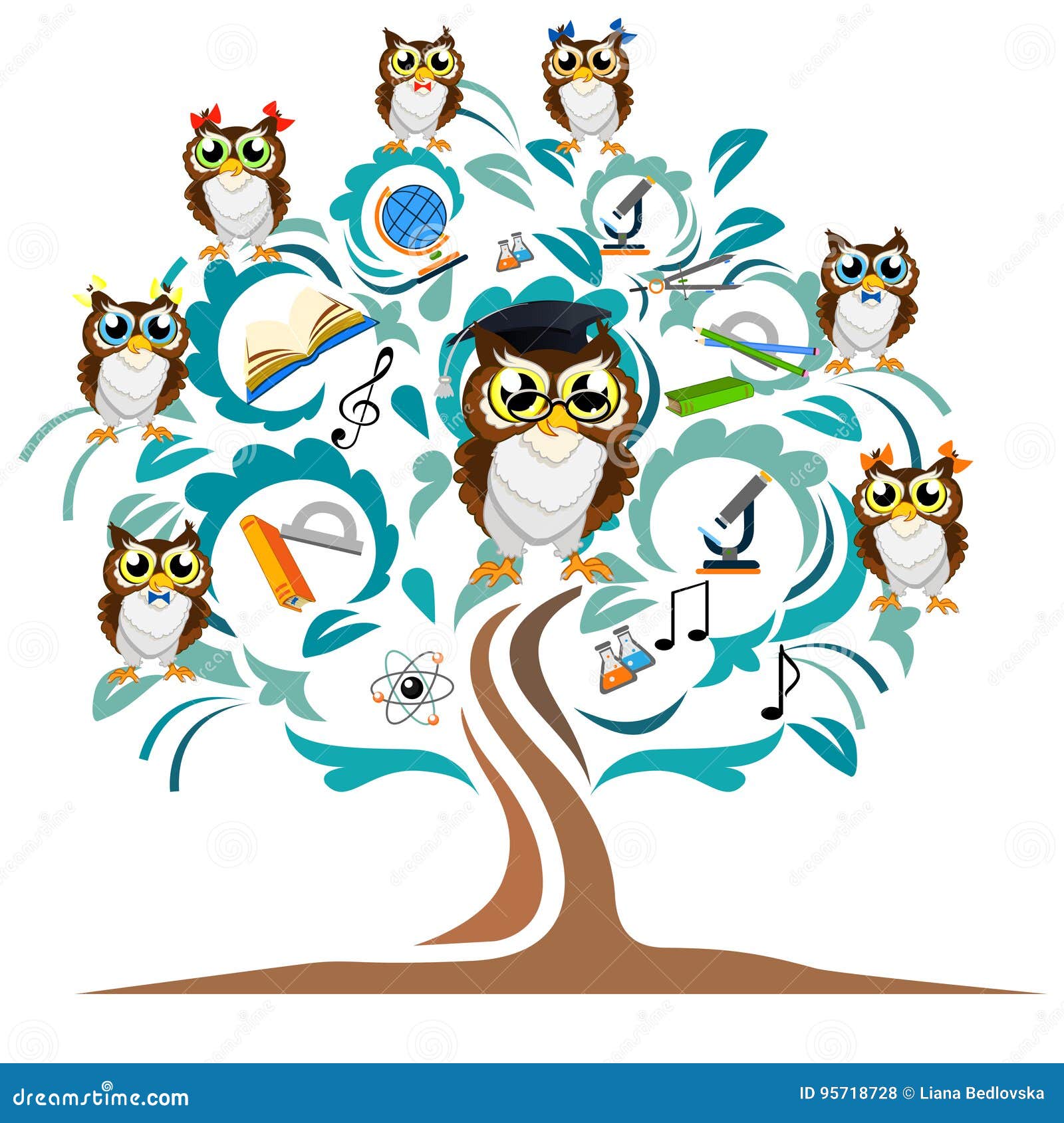 Study the Tree and Cheerful Owls Stock Vector - Illustration of ...
