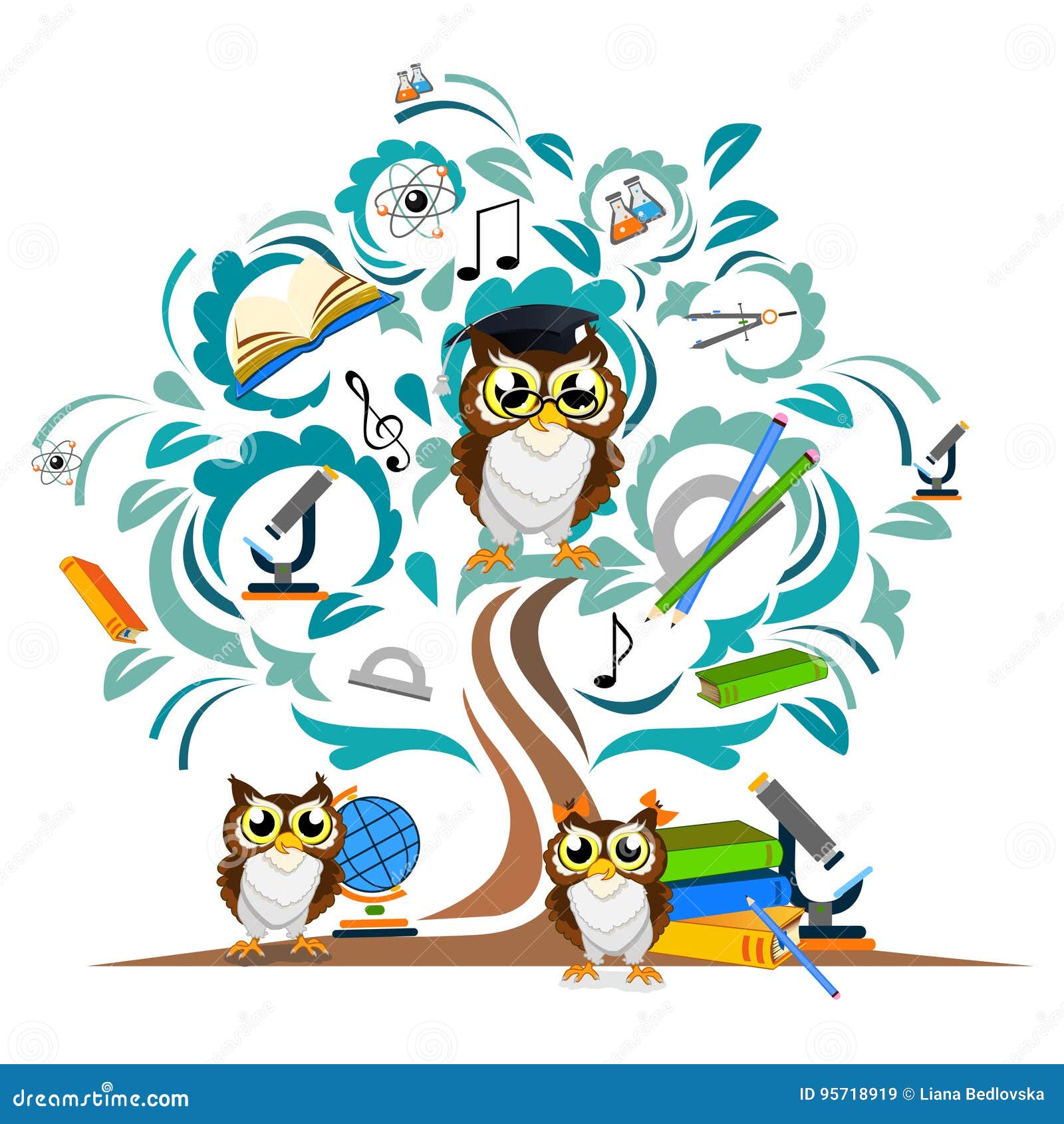 Study the Tree and Cheerful Owls Stock Vector - Illustration of reading ...