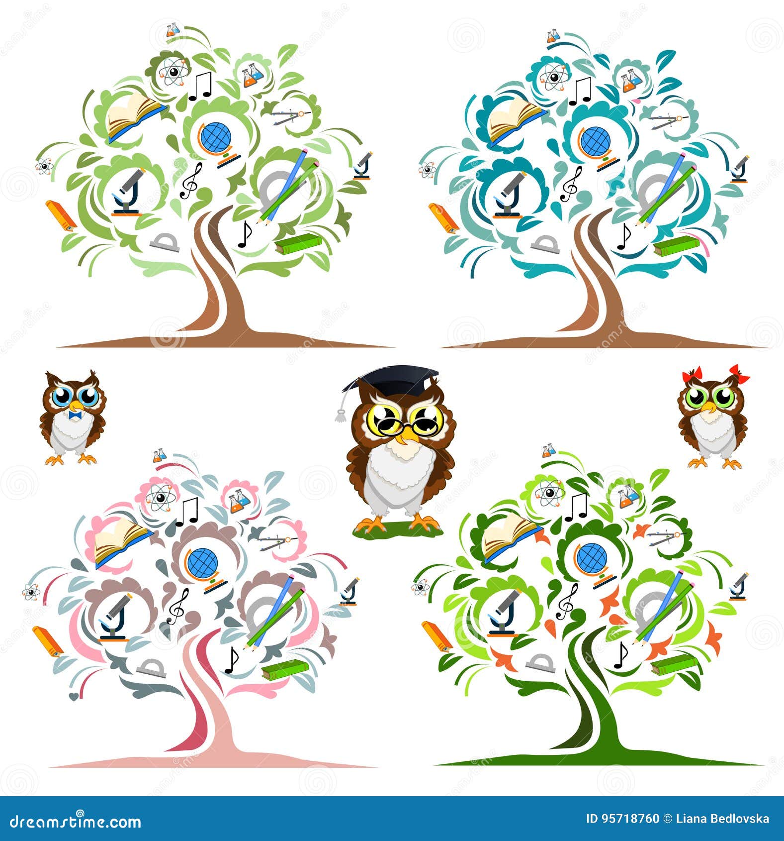 Study the Tree and Cheerful Owls Stock Vector - Illustration of tree ...