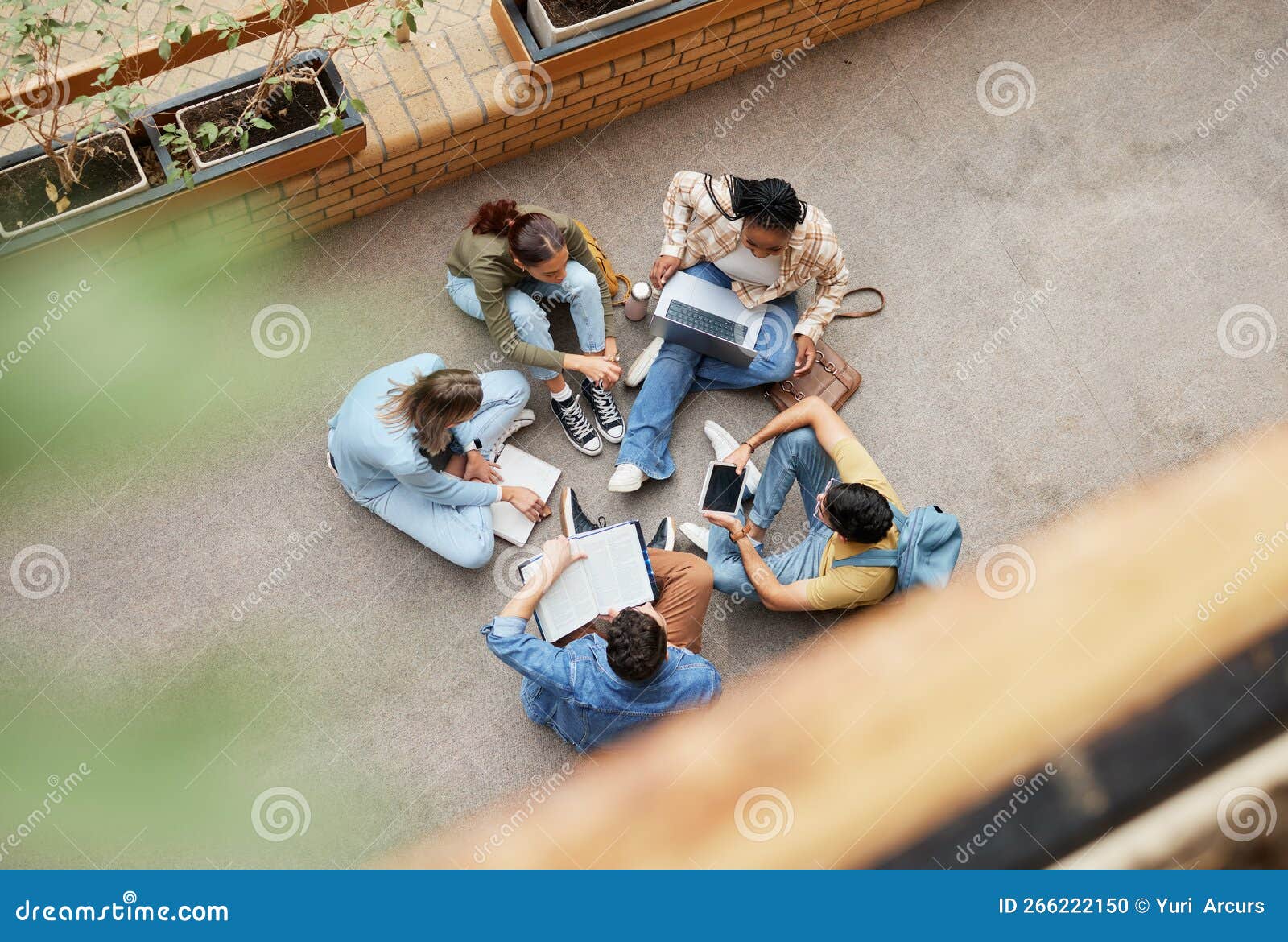 Study, University Group and Students on Floor for Research, Project or ...