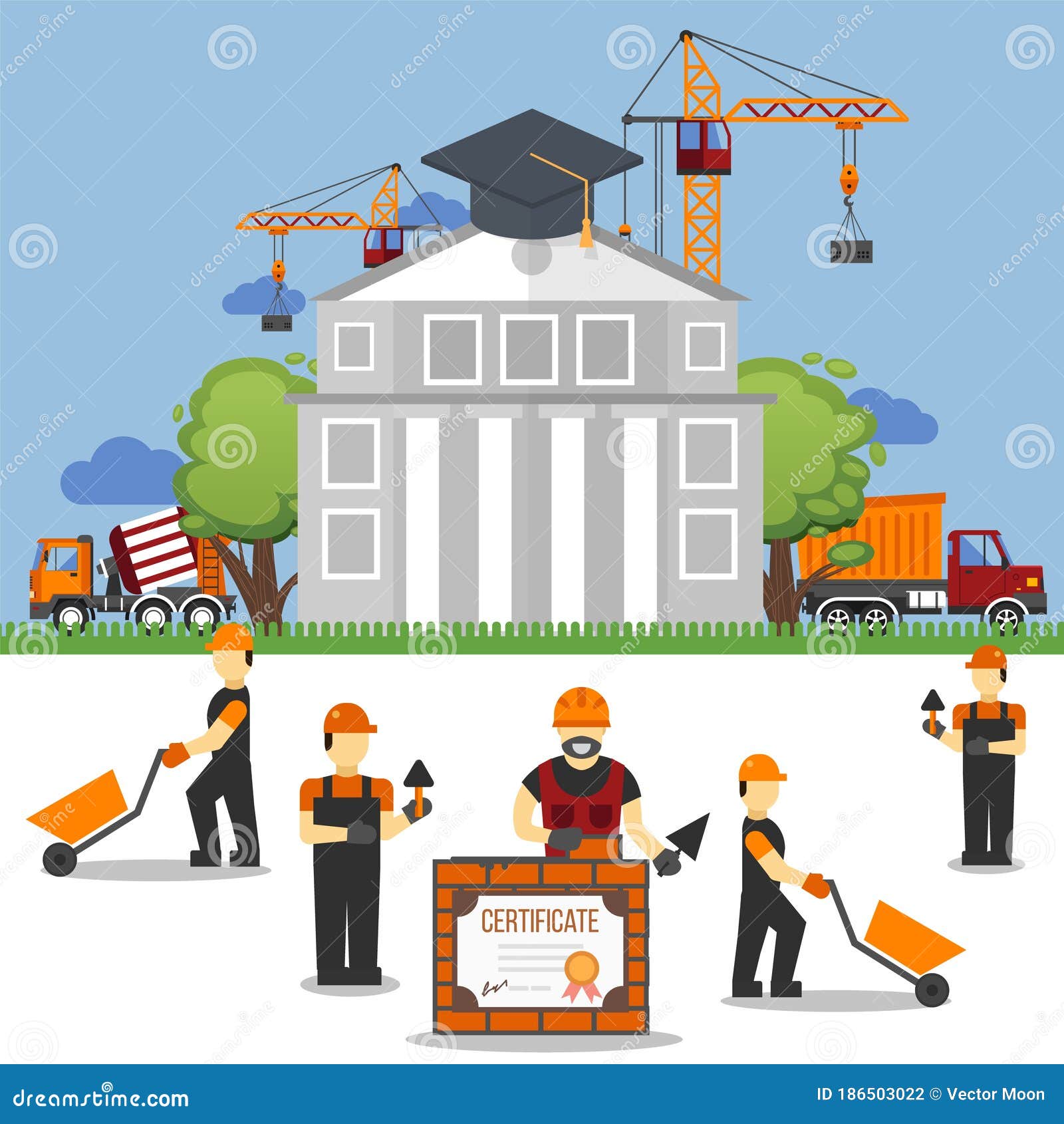 Study Work Under Construction Technic in Builder College, Vector ...
