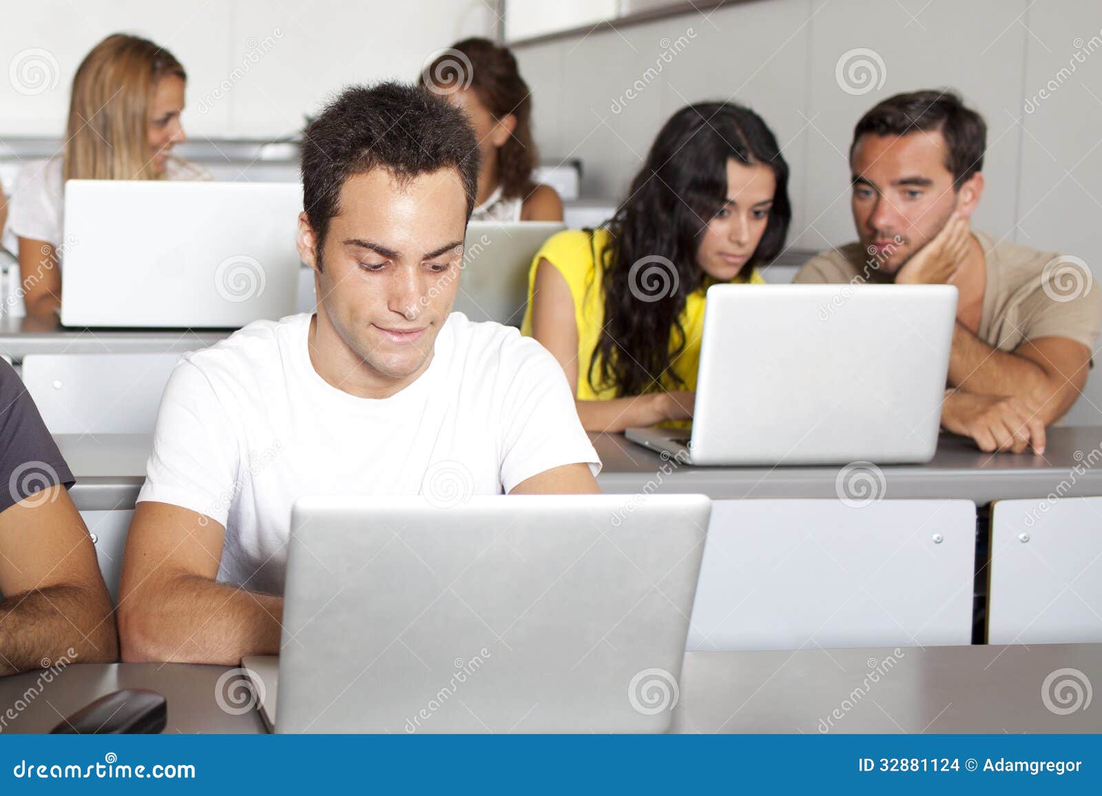 Studying with Computer in Class Room Stock Photo - Image of school ...