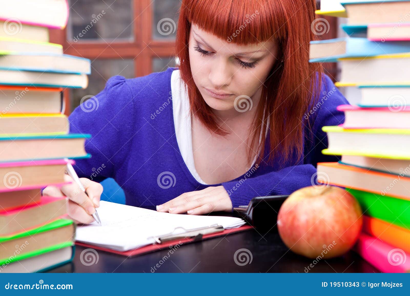 Studying girl stock image. Image of pile, exam, reading - 19510343