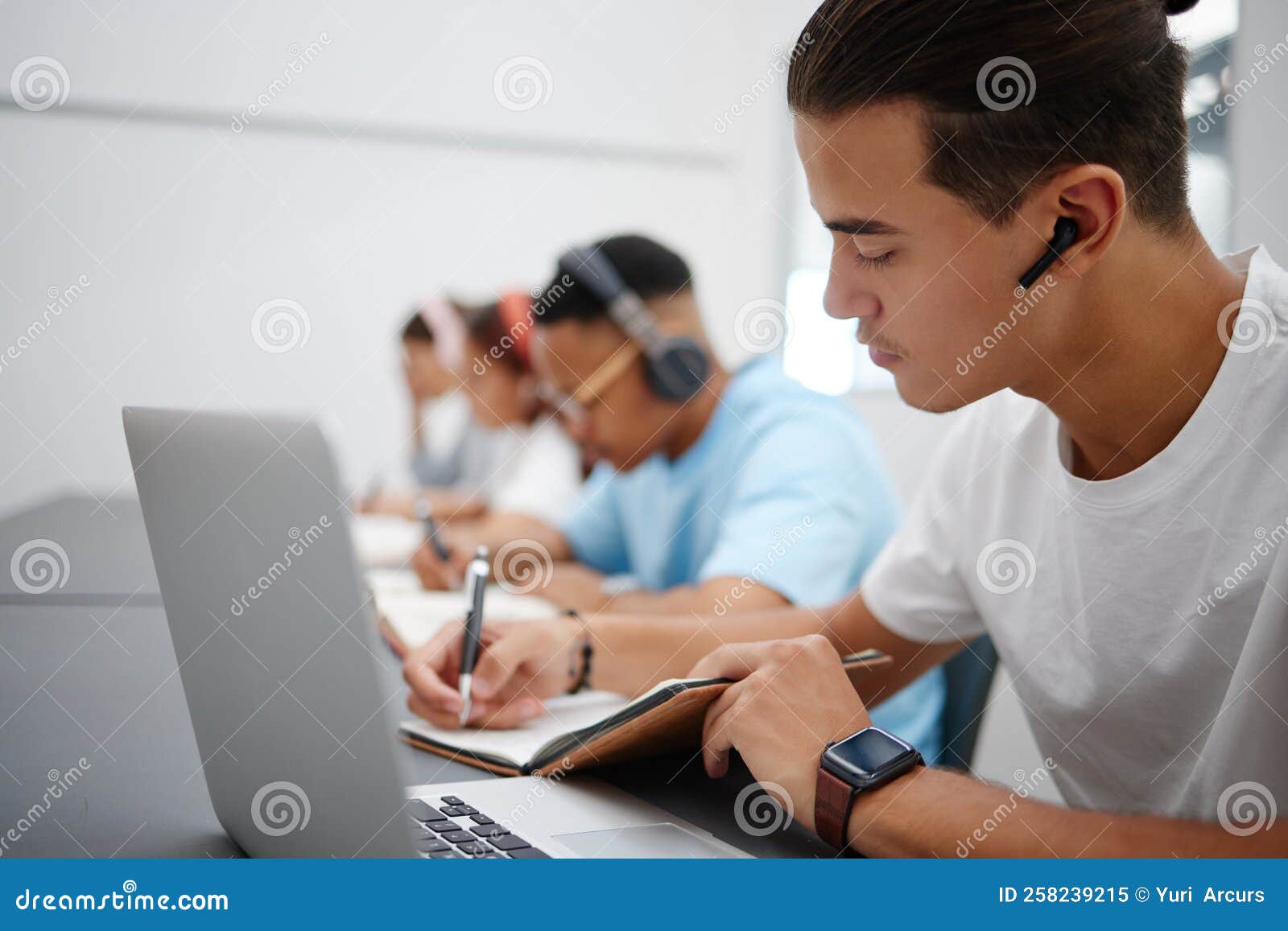 Studying, Notebook and Laptop with Students in University Classroom ...