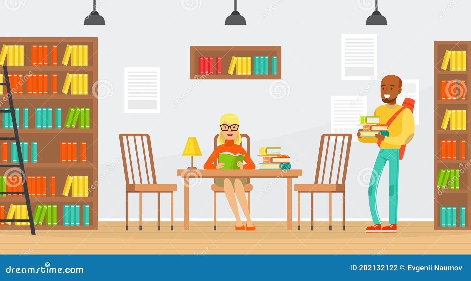 Studying Students, Library Interior with People Reading Books Cartoon ...