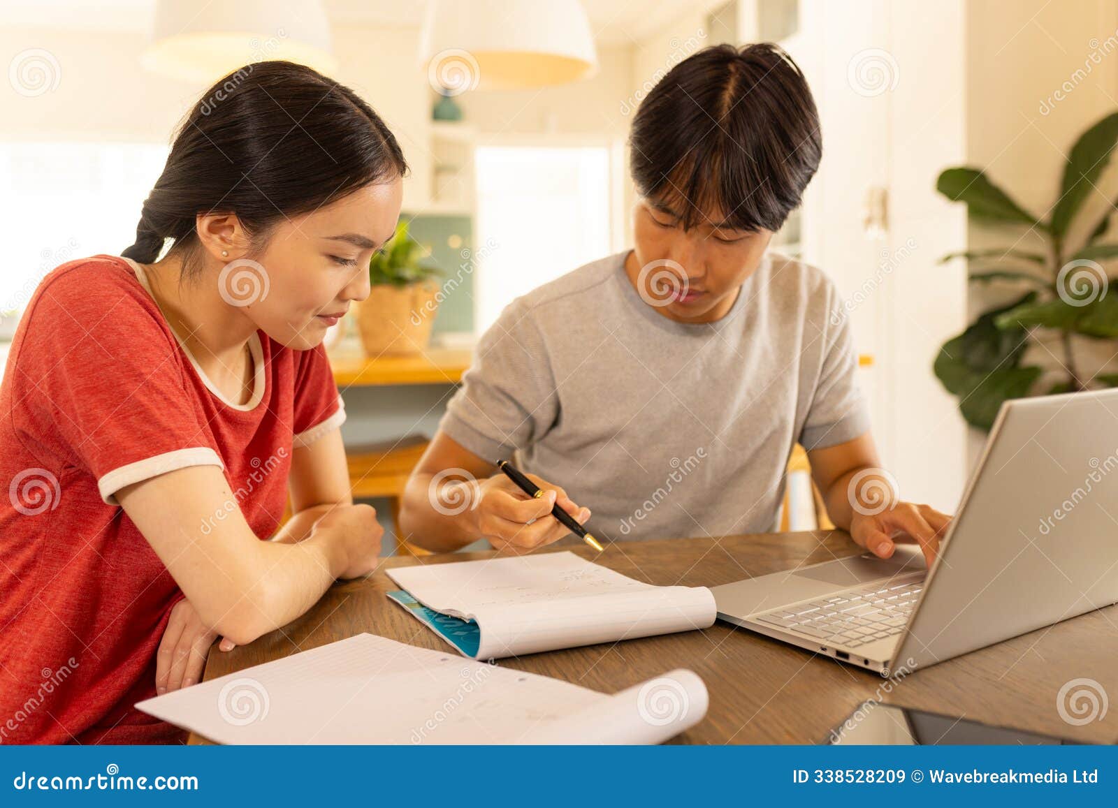 Studying Together, Young Asian Brother and Sister Using Laptop and ...