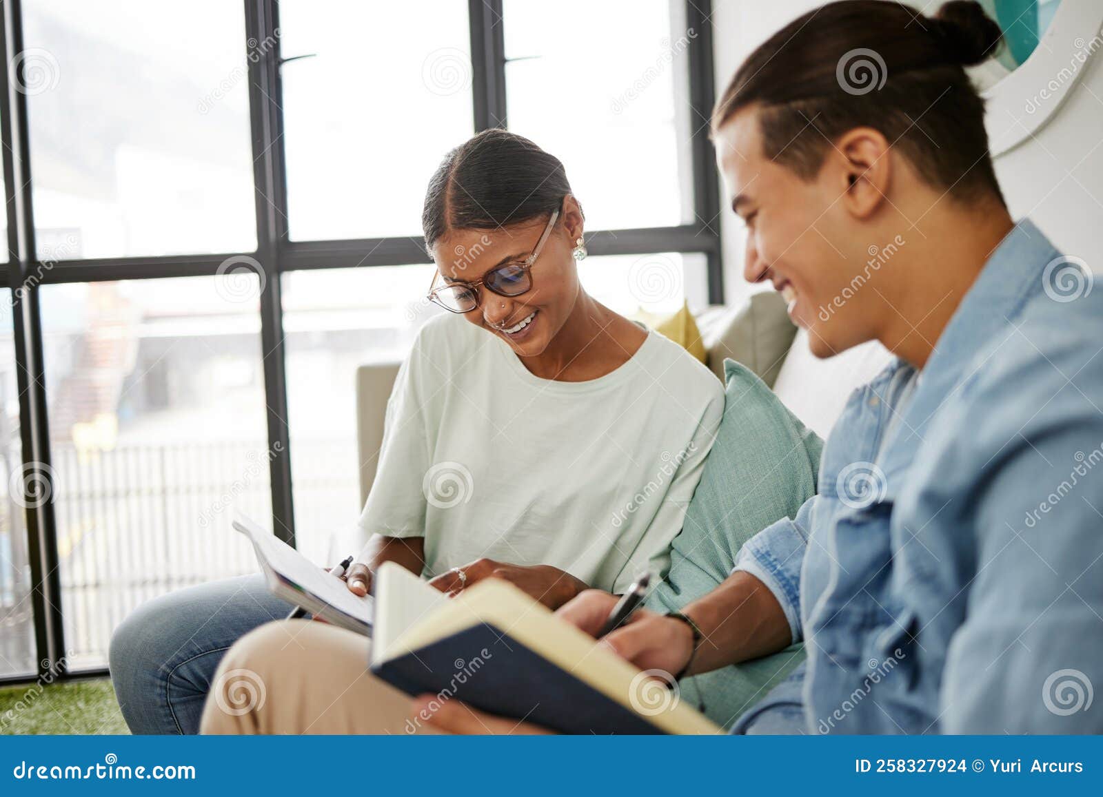 Studying, University and Couple Students Learning Together in Campus ...