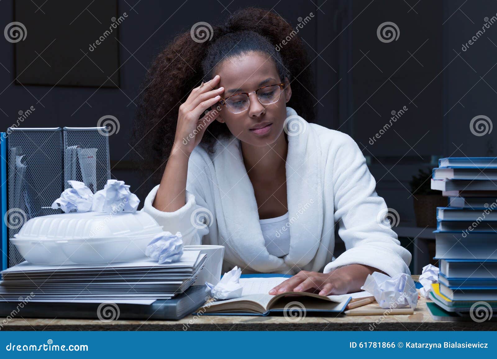 Studying very hard stock photo. Image of bathrobe, evening - 61781866
