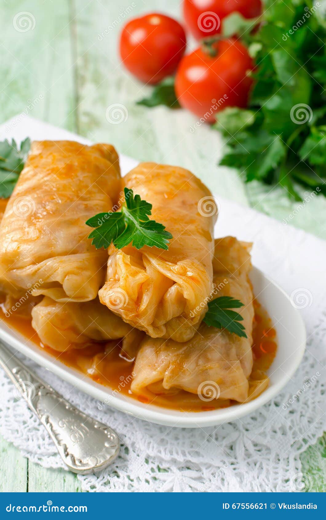 Stuffed Cabbage Rolls with Rice and Meat on a White Plate Stock Image ...
