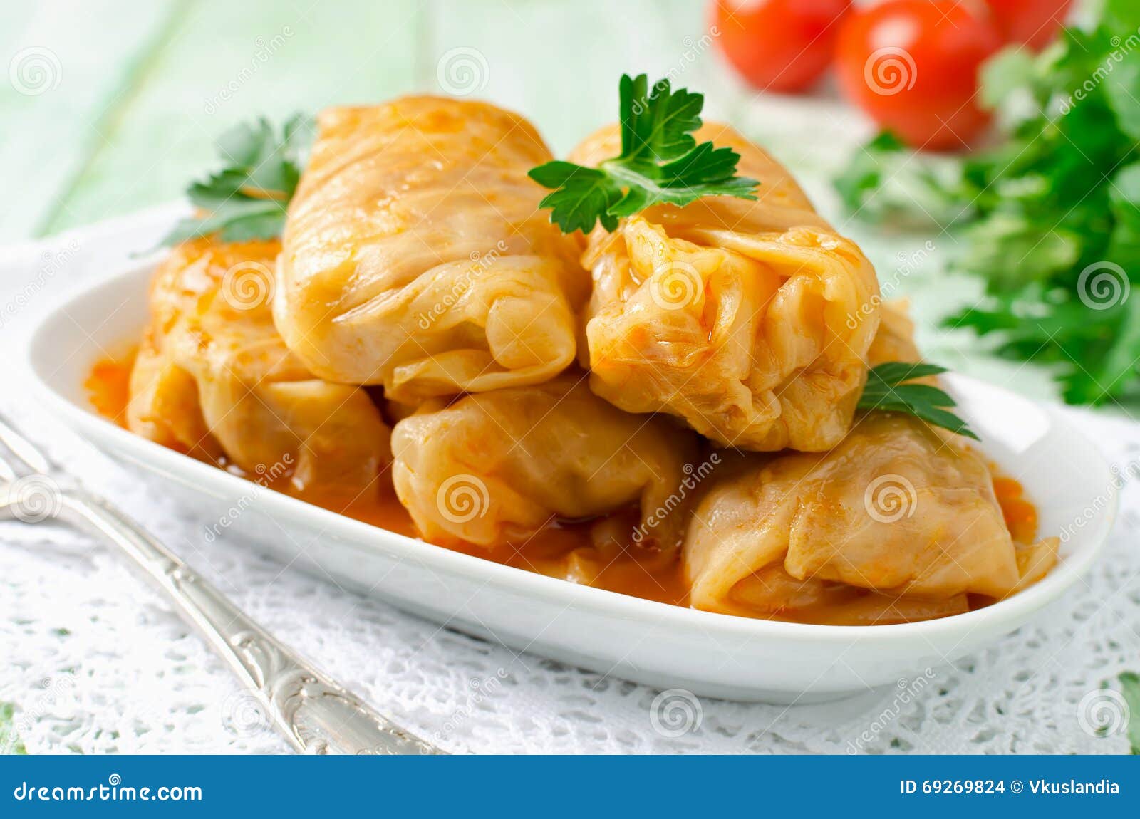 Stuffed Cabbage Rolls with Rice and Meat on a White Plate Stock Photo ...