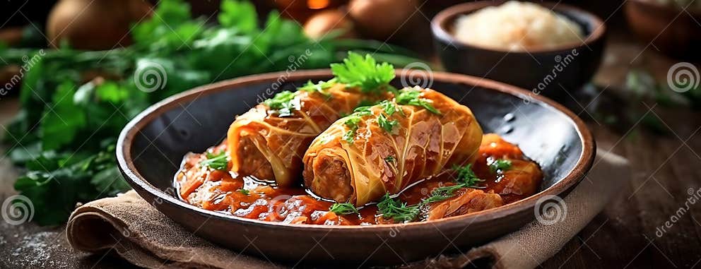Stuffed Cabbage Rolls with Rice Served on a Rustic Table, Garnished ...