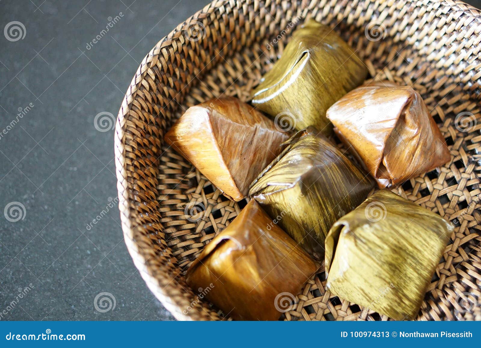 Stuffed Dough Pyramid Dessert on Bamboo Pattern Stock Image - Image of ...