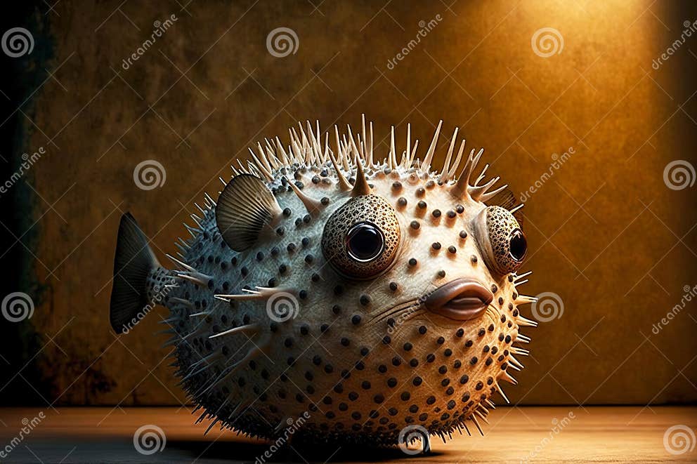 Stuffed Dried Puffer Fish with Sharp Spikes on Body on Wooden Table ... Stuffed Dried Puffer Fish with Sharp Spikes on Body on Wooden Table ...