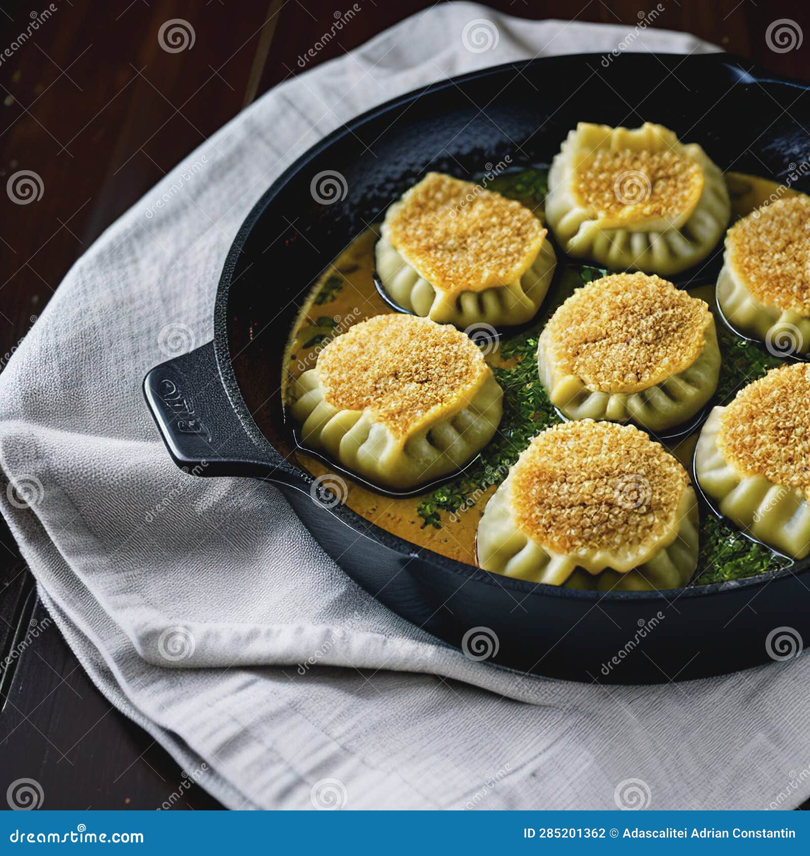 Stuffed Dumplings Fried in a Pan. Delicious Traditional Dish Stock ...