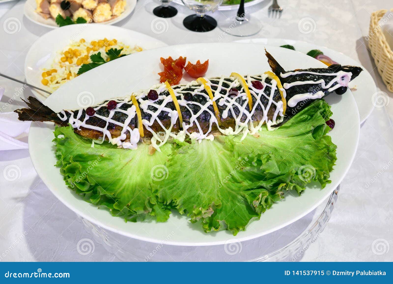 Stuffed Fish on a Platter. Table Setting Stock Image - Image of gourmet ...