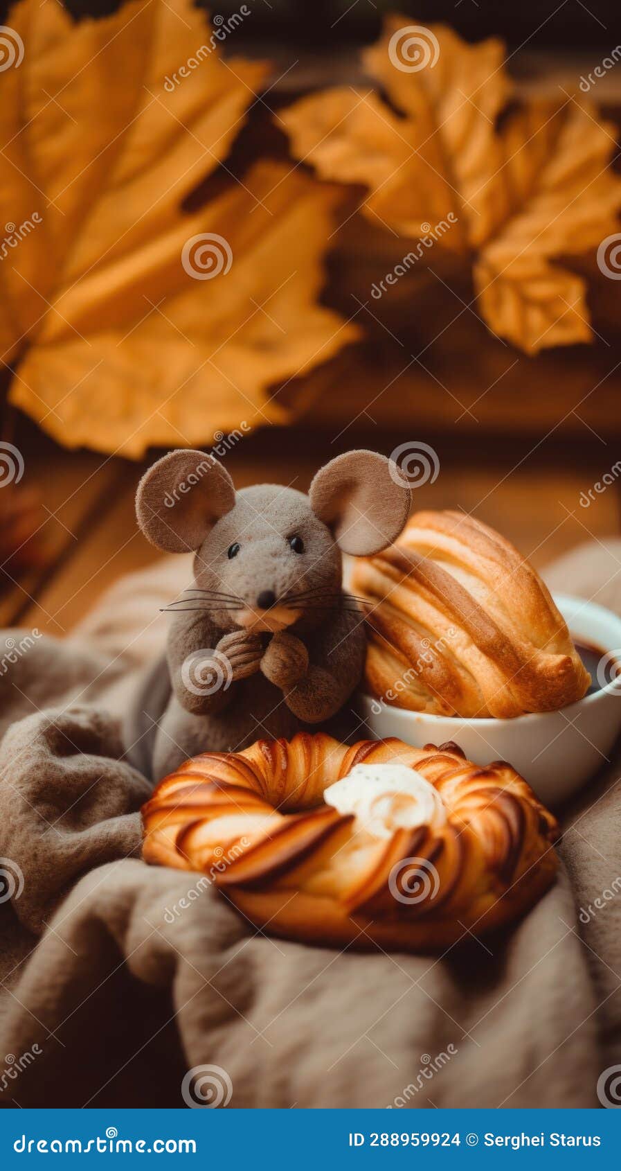 A Stuffed Mouse and Some Bread on a Blanket, AI Stock Illustration ...