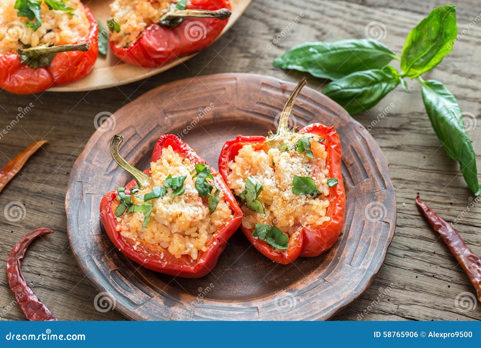 Stuffed Red Bell Peppers with White Rice and Cheese Stock Photo - Image ...