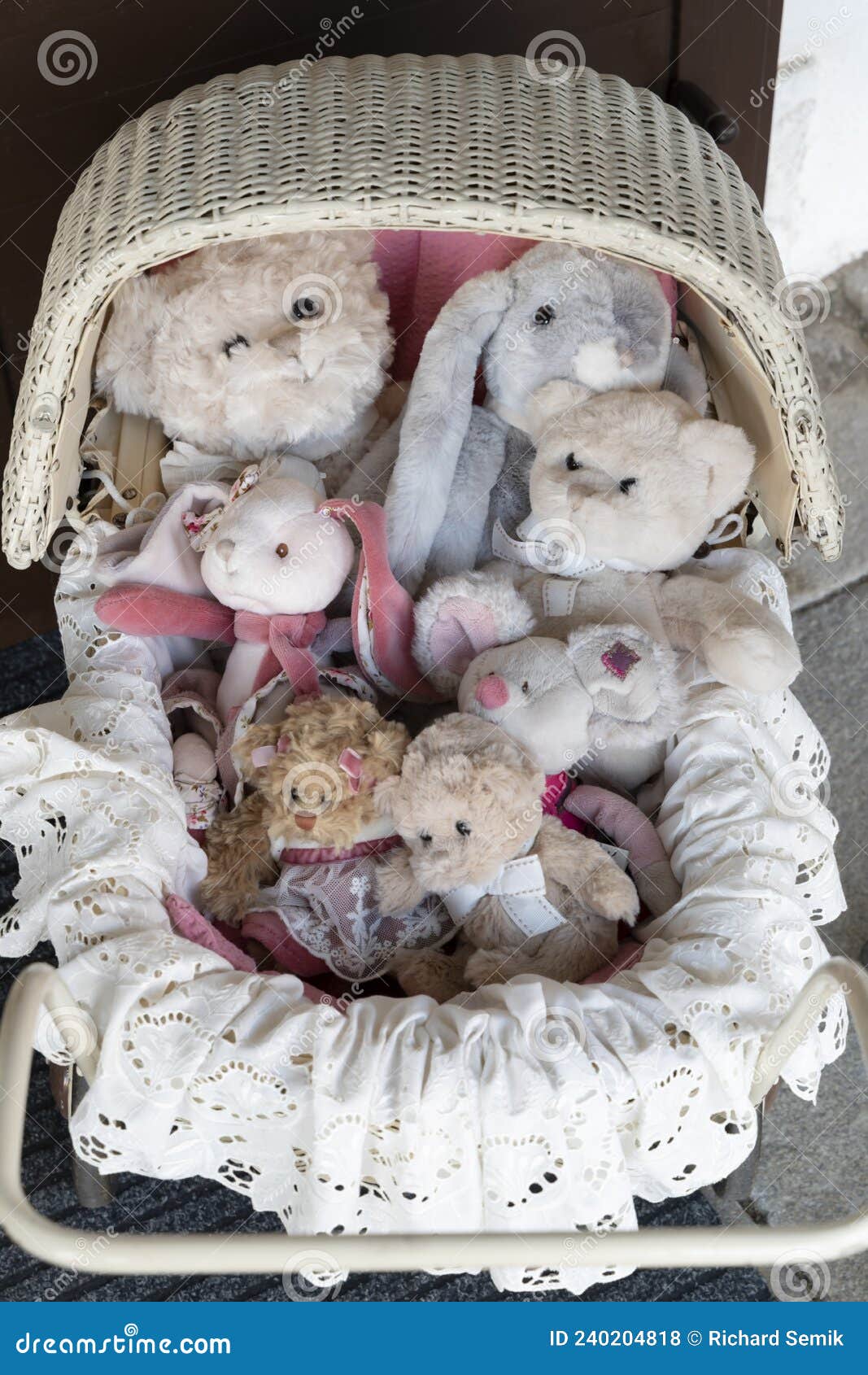 Stuffed Toys in the Old Fashioned Buggy Stock Photo - Image of chair ...